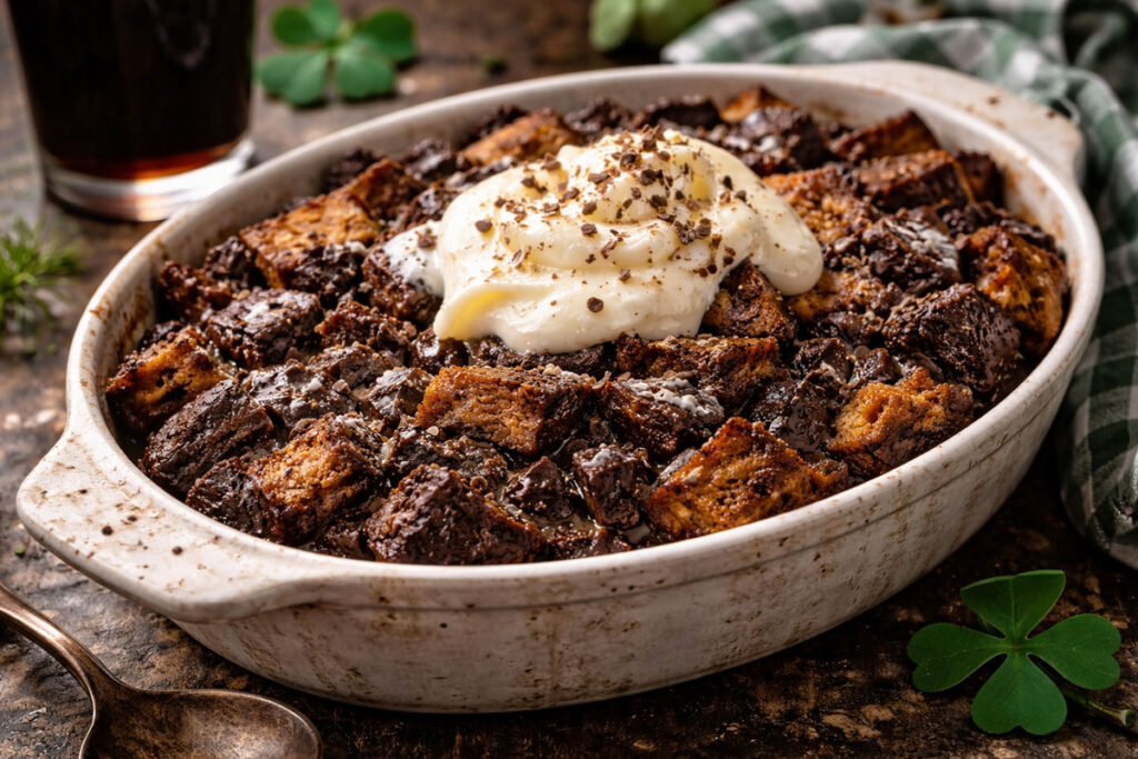 ST. PATRICK’S DAY GUINNESS & CHOCOLATE BREAD PUDDING WITH WHISKEY CREAM